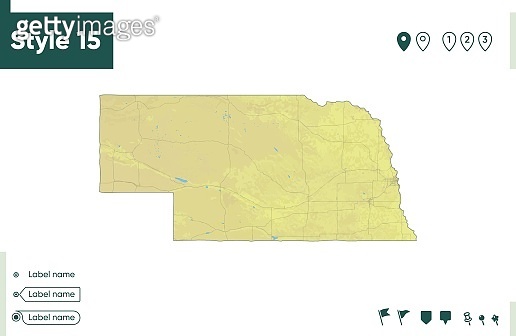 Nebraska, USA - map with shaded relief, land cover, rivers, lakes ...