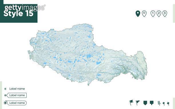 Tibet, China - map with shaded relief, land cover, rivers, lakes ...