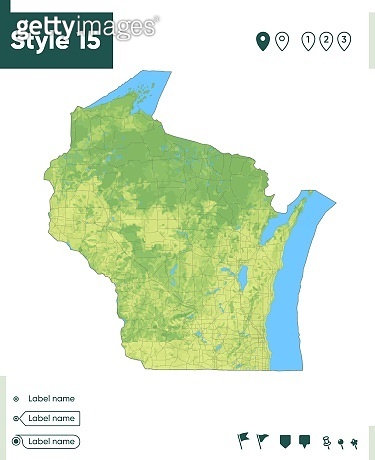 Wisconsin, USA - map with shaded relief, land cover, rivers, lakes ...