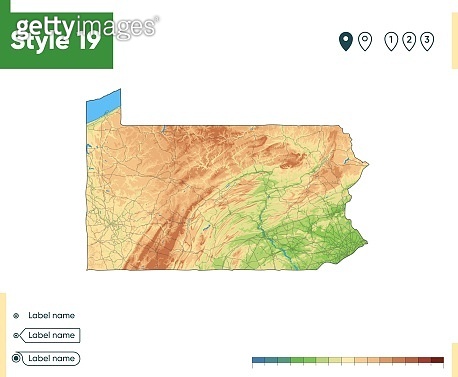 Pennsylvania, USA - high detailed physical map. Vector map. Dem map ...