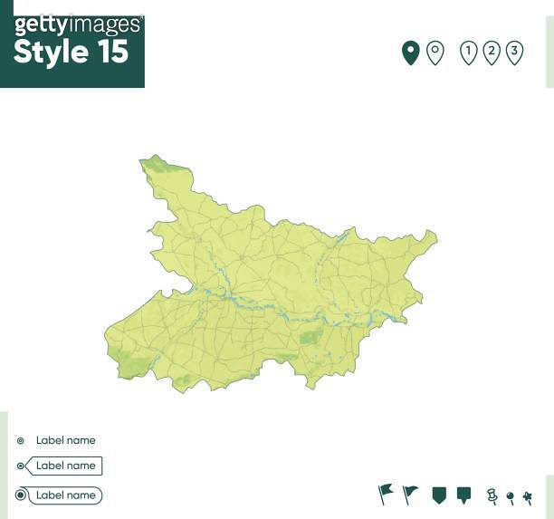 Bihar, India - map with shaded relief, land cover, rivers, lakes ...