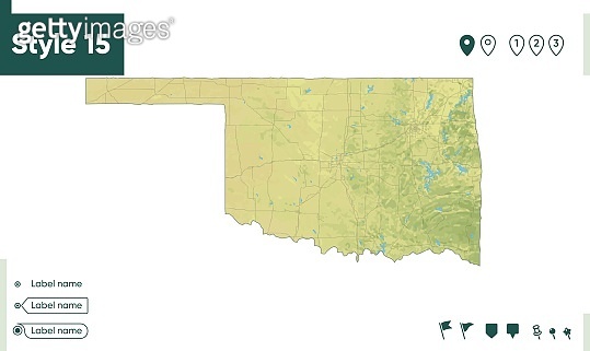 Oklahoma, USA - map with shaded relief, land cover, rivers, lakes ...