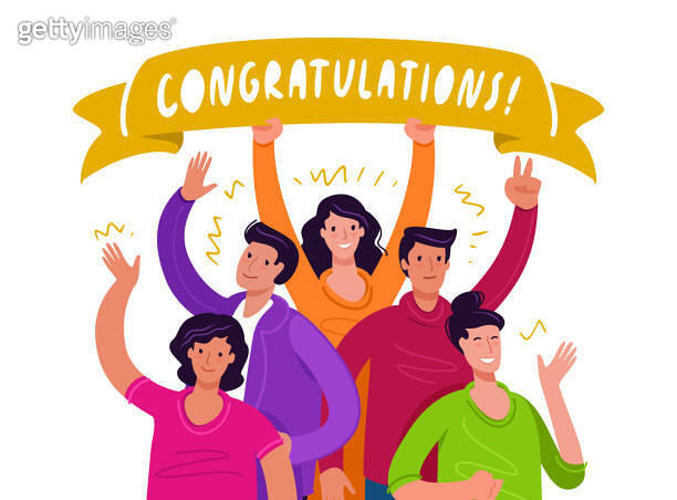Happy people holding banner with congratulations. Cartoon vector ...