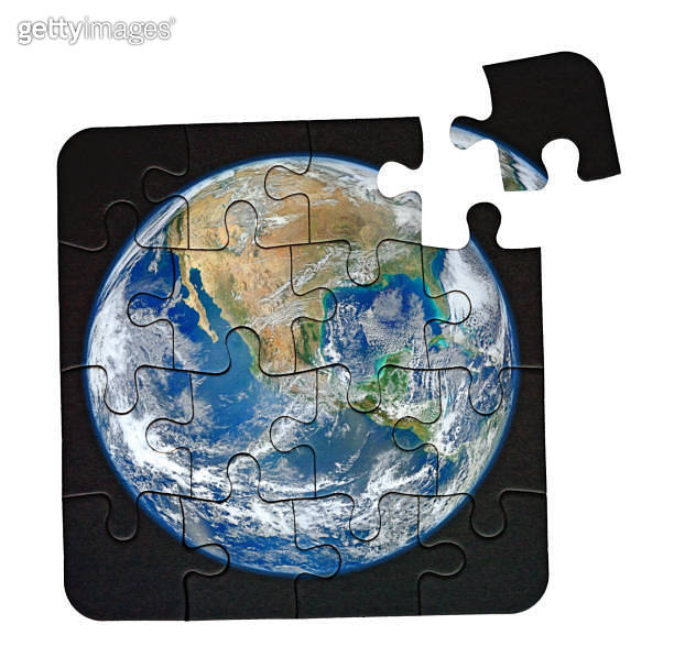 Puzzle of Earth: jigsaw of satellite image of our planet with one last ...