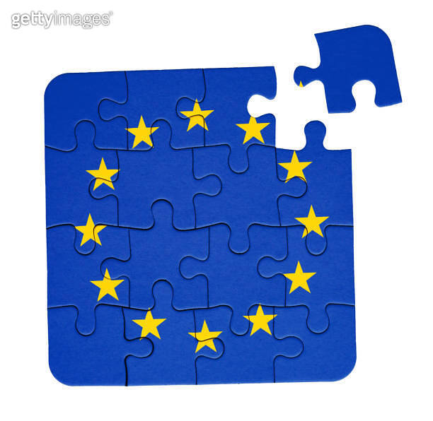 Puzzle of the EU: European Union national flag as a jigsaw with one ...