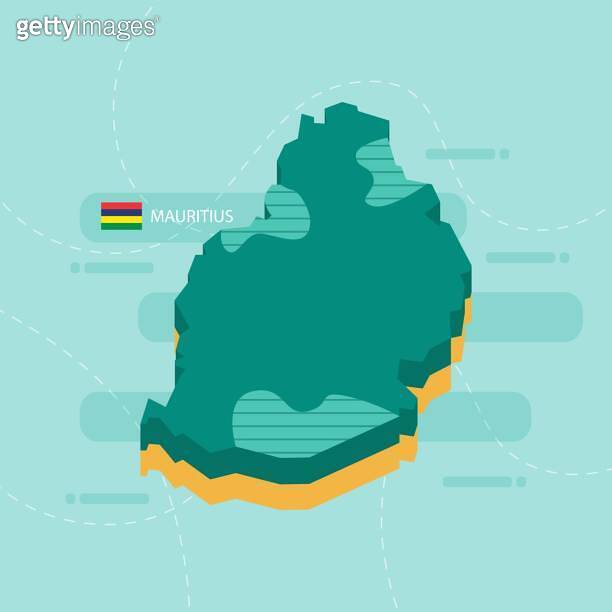 3d vector map of Mauritius with name and flag of country on light green ...
