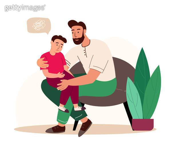 Parent Daddy Support his Child,Boy,Father Comforting Upset Kid.Sad Son ...