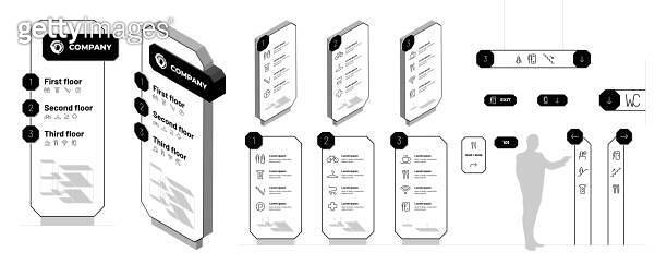 Wayfinding system signage mockup set. Exterior and interior way finding ...