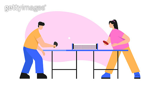 Vector illustration of a couple playing table tennis. Cartoon scene ...