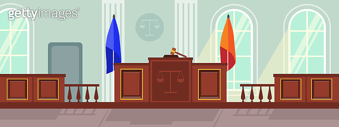 Vector illustration modern interior law court. Cartoon interior with ...