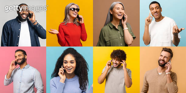 Collage with photos of different people talking on the smartphone ...