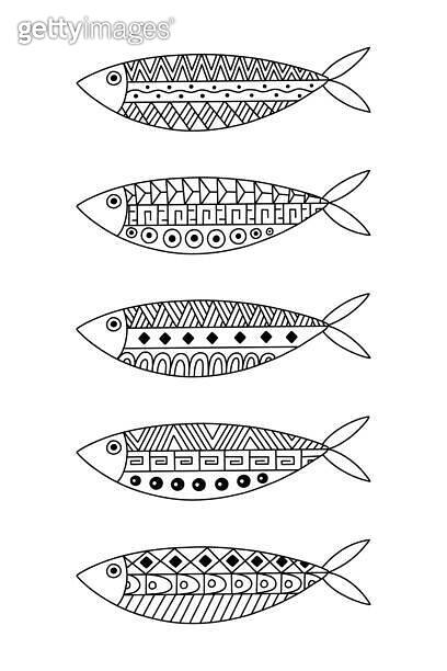 Mexican aztec and Mayan Ethnic ornate Fishes vector set. Ancient tribal ...