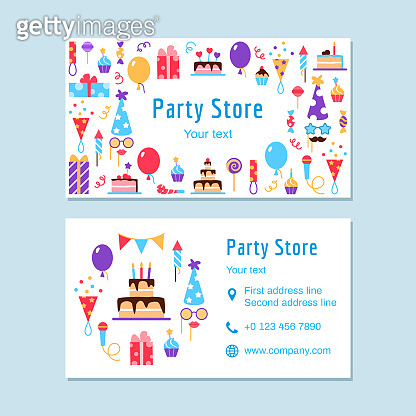 Party store visit card template. Event service business card design ...