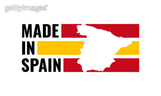 made in spain, vector logo with spanish flag colored stripes and ...