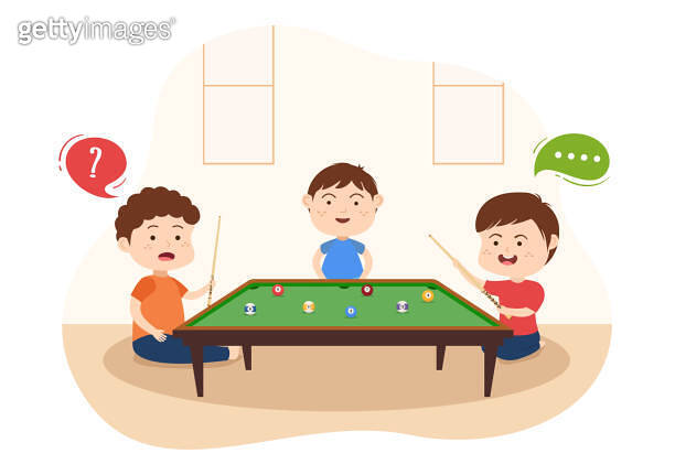 Billiards Game Hand Drawn Cartoon Flat Illustration with kids Player ...