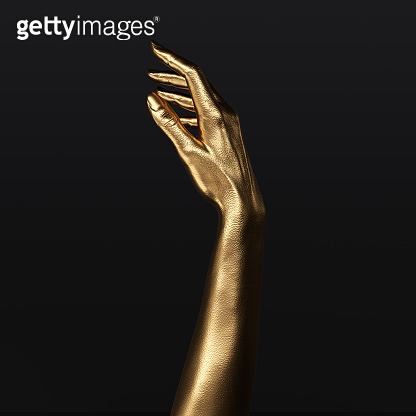 3d rendering abstract touching golden arm. Beautiful female gold hand ...