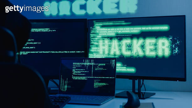 Woman computer hacker typing code on keyboard breaks into government data servers and infects ...