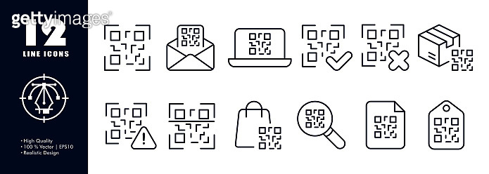 QR codes set icon. Scan, scanner, frame, letter, laptop, checkmark ...