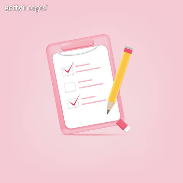 3d checklist with pencil on soft pink pastel background. Check work ...