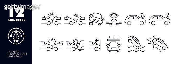 Car accidents set icon. Collision, crash into wall, explosion ...