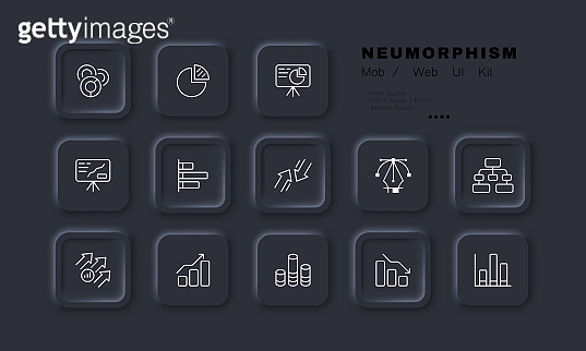 Data analysis set icon. Diagram, chart, graph, analytics, board, databases, tables, columns ...