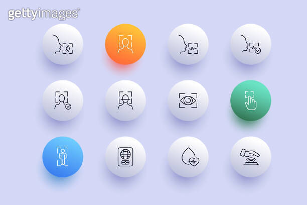 Recognition of biometric data set icon. Voice unlock, input, face ID ...