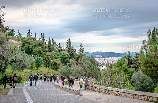 People on Apostolou Pavlou st, that leads to Thissio. Athens, Greece ...
