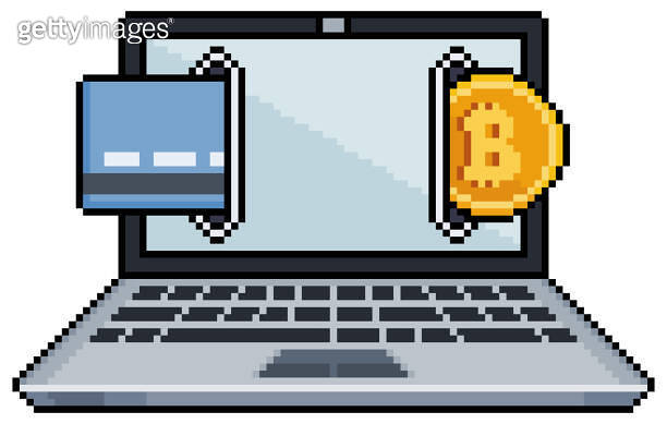 Pixel art laptop buy bitcoin with credit card vector icon for 8bit game on white background 이미지 ...
