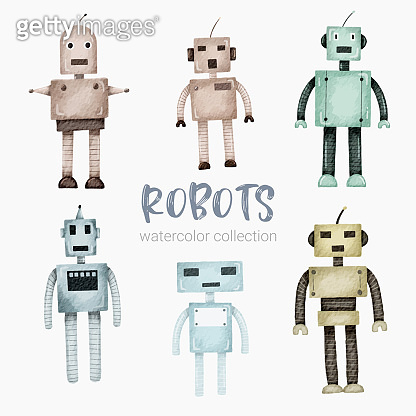 Futuristic Watercolor cartoon humanoid Robot set for stickers and emoji ...