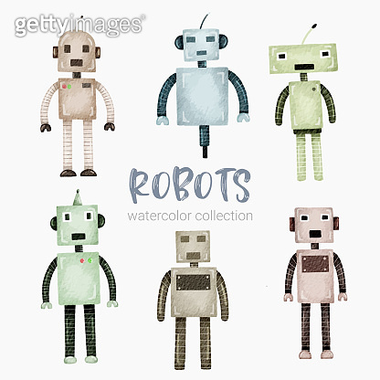 Futuristic Watercolor cartoon humanoid Robot set for stickers and emoji ...