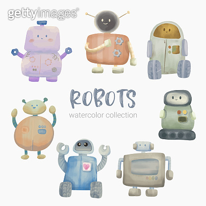 Futuristic Watercolor cartoon humanoid Robot set for stickers and emoji ...