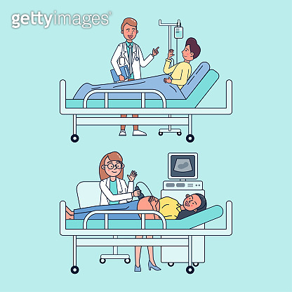 Hospital scene, Internist doctor and obstetrician examines the patient ...