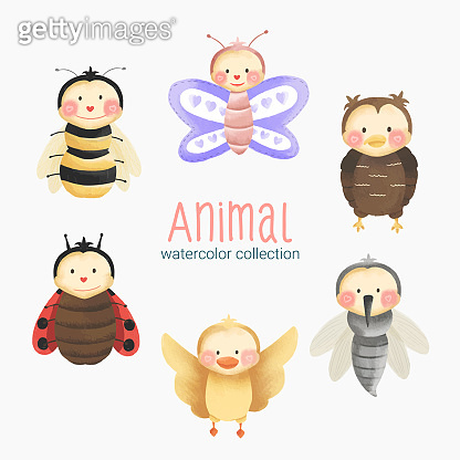 Water color cartoon insect and bird set for stickers and emoji avatars ...