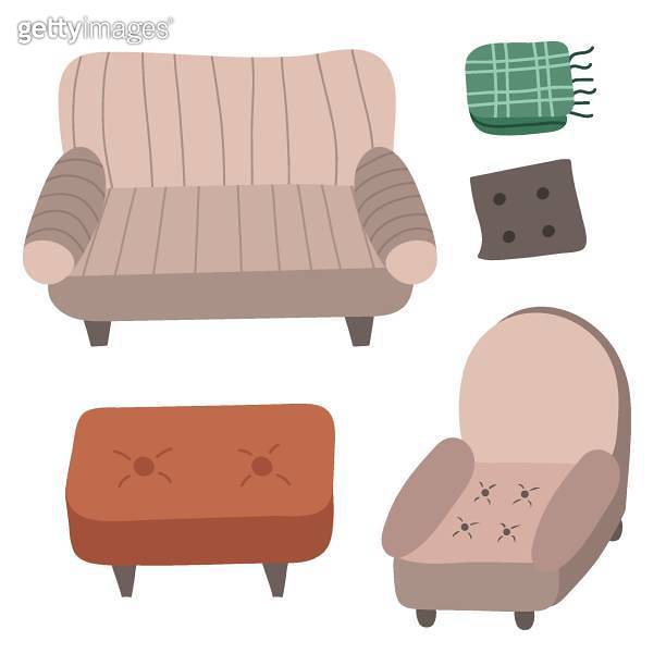 Cartoon set of upholstered furniture and decor. Couch, sofa, armchair ...