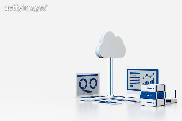 3d rendering of Cloud computing technology modern isometric line. Database, online server ...