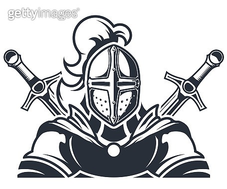 Knight in armour, chivalry logo with crusader and swords, sport team ...