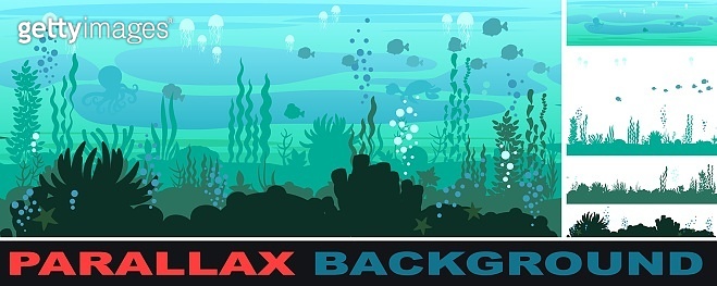 Bottom of reservoir with fish. Set parallax effect. Silhouette. Blue ...