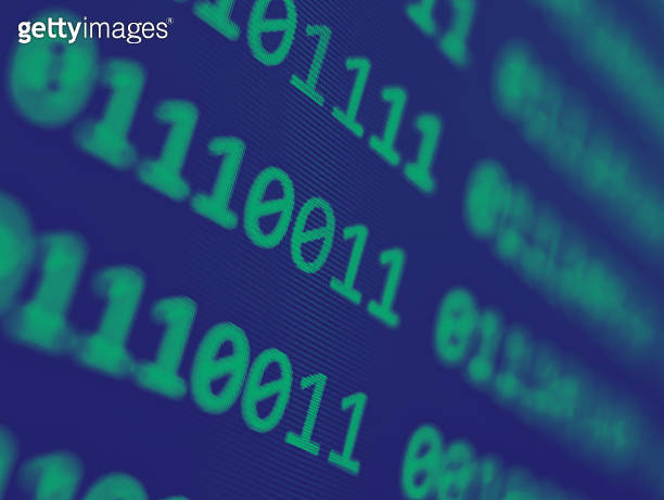 Binary Computer Code With Grid Of Pink 1s And 0s Displayed On A Blue Screen With Focus Blur