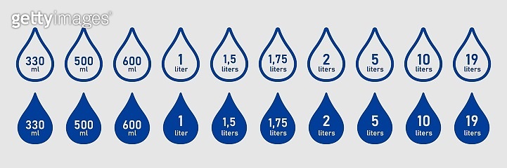 Measure of volume silhouette icon set. A drop of liquid with a value ...