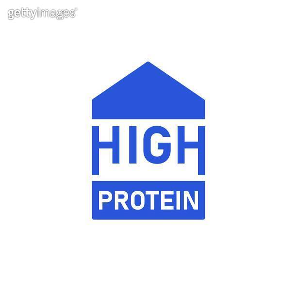 High protein sign. Emblem for fitness food. Arrow up symbol for protein ...
