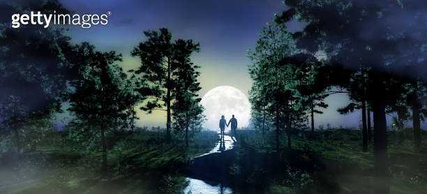 Magical night scene in nature. Mountain landscape with big moon in sky ...