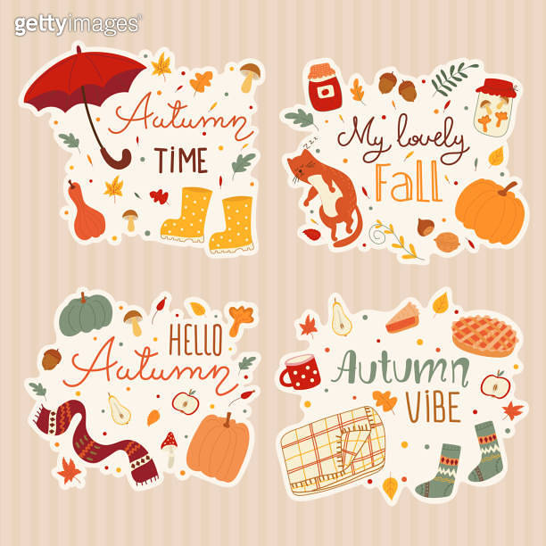 Vector illustration autumn stickers with cute seasonal elements and ...