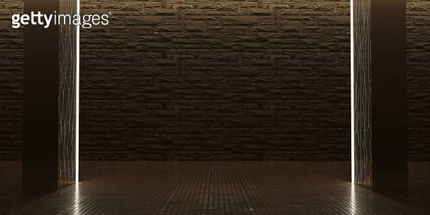 Shiny metal tile floor with reflections from LED strips for products technology futuristic ...