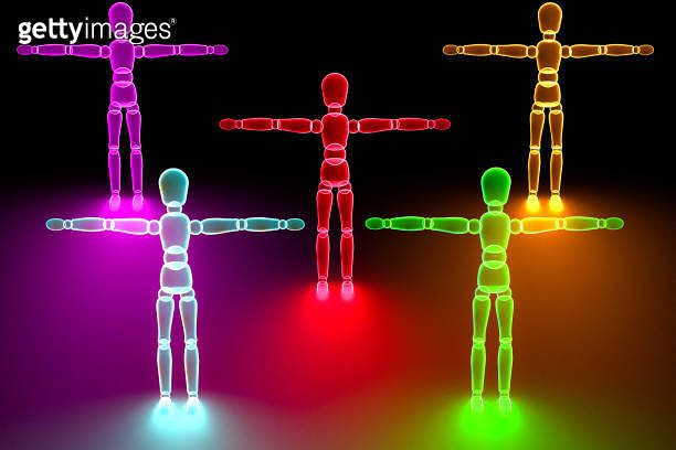 Multicolored luminous people. neon men. Illuminated group of people. 3D ...