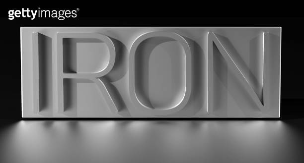 Word IRON concept. IRON on iron background with metal reflection ...