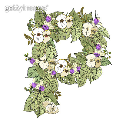 Isolated illustration letter P of the alphabet with tropical leaves and ...