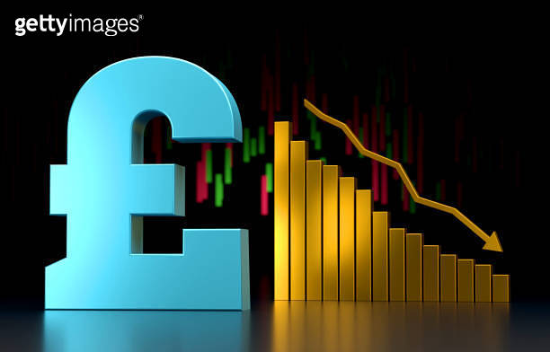 British Pound Symbol And Moving Down Graph (1389448203) - 게티이미지뱅크