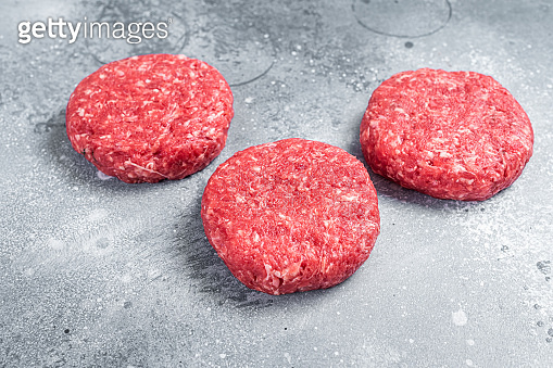 Raw Ground mince beef meat Burger steak cutlets. Gray background. Top ...