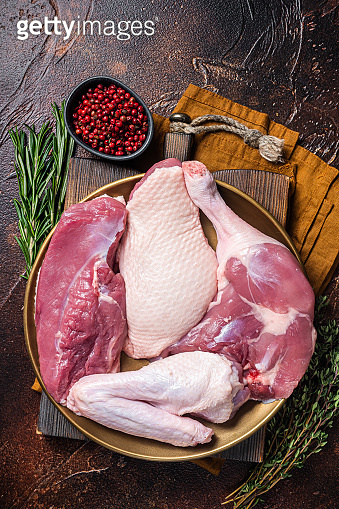 Fresh duck meat parts, raw breast steak, legs, wings in a plate with ...