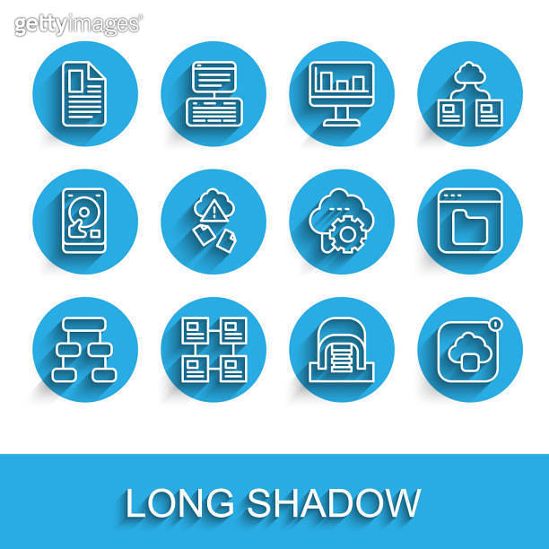 Set line Hierarchy organogram chart, File document, Hangar with servers, Cloud technology data ...